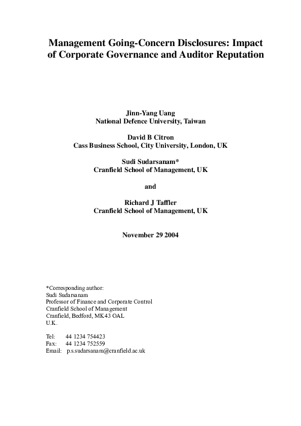 (PDF) Management Going-concern Disclosures: Impact of Corporate ...