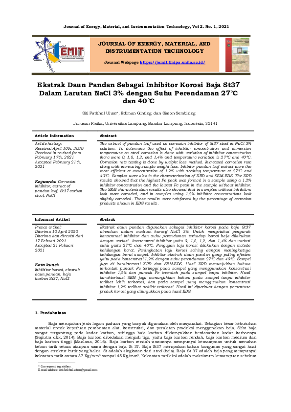 (PDF) Ekstrak Daun Pandan Sebagai Inhibitor Korosi Baja St37 Dalam Larutan NaCl 3% dengan Suhu ...