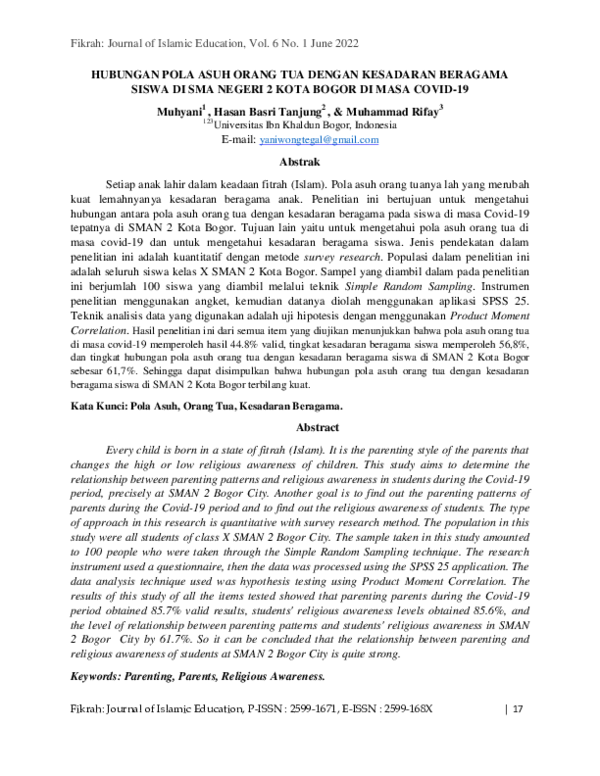 (PDF) Hubungan Pola Asuh Orang Tua Dengan Kesadaran Beragama Siswa DI Sma Negeri 2 Kota Bogor DI ...