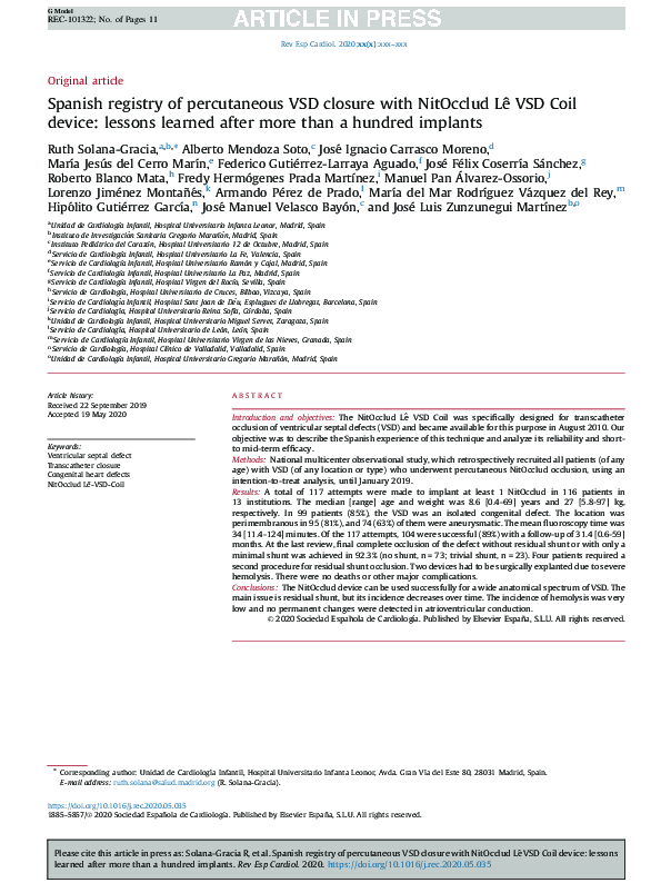(PDF) Spanish registry of percutaneous VSD closure with NitOcclud Lê ...