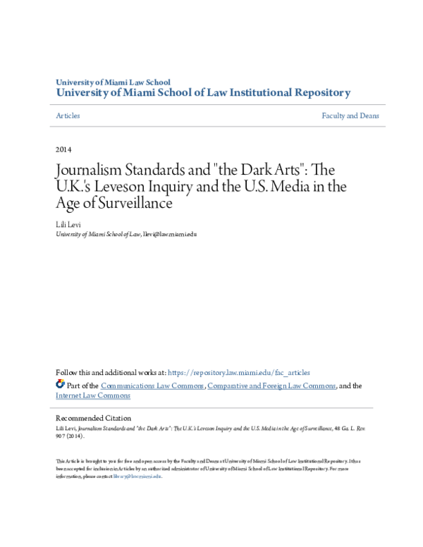 (PDF) Journalism Standards and the Dark Arts : The U.K.\u27s Leveson Inquiry and the U.S. Media ...