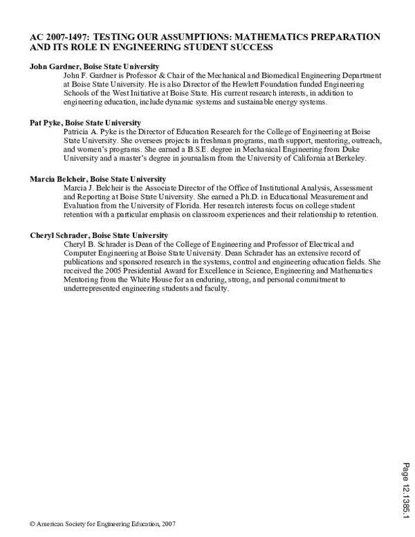 (PDF) Testing Our Assumptions: Mathematics Preparation And Its Role In ...