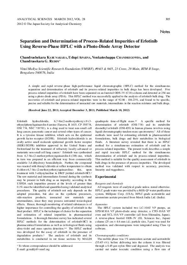 (PDF) Separation and Determination of Process-Related Impurities of Erlotinib Using Reverse ...