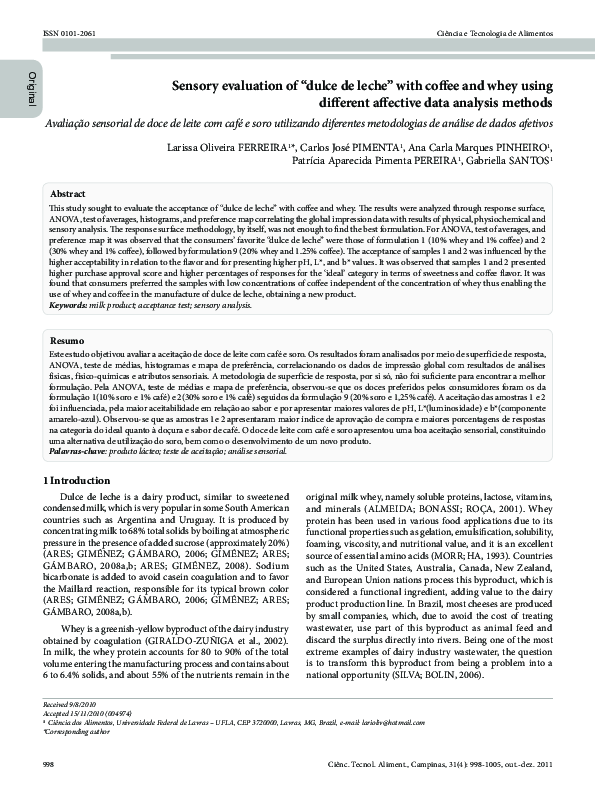 (PDF) Sensory evaluation of "dulce de leche" with coffee and whey using ...
