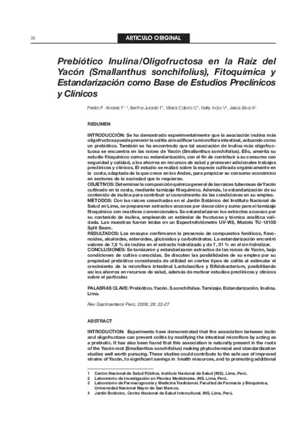 (PDF) Prebiótico Inulina/Oligofructosa en la raíz del Yacón ...