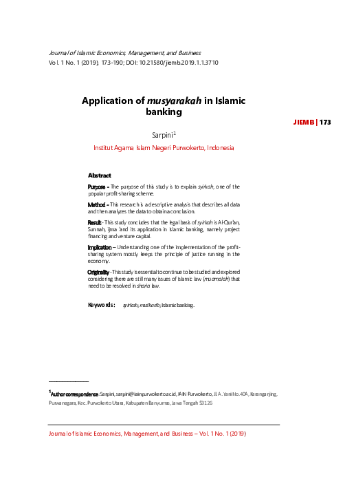(PDF) Application of musyarakah in Islamic banking