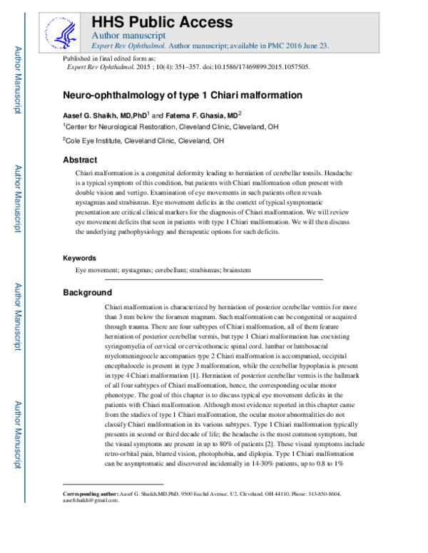 (PDF) Neuro-ophthalmology of type 1 Chiari malformation
