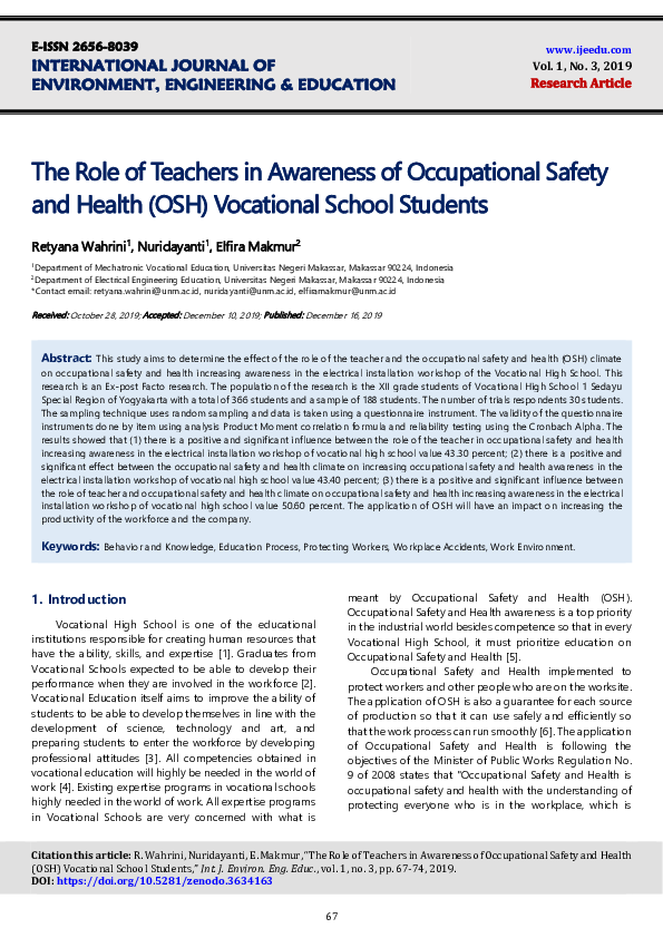 (PDF) The Role of Teachers in Awareness of Occupational Safety and ...