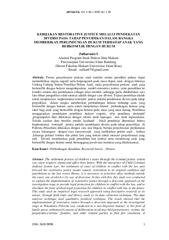 (PDF) Kebijakan Restorative Justice melalui pendekatan diversi pada tahap penyidikan dalam ...