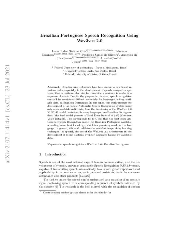 (PDF) Brazilian Portuguese Speech Recognition Using Wav2vec 2.0