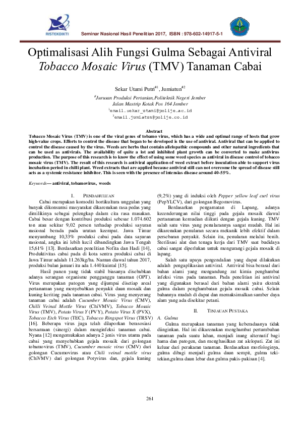 (PDF) Optimalisasi Alih Fungsi Gulma Sebagai Antiviral Tobacco Mosaic Virus (TMV) Tanaman Cabai