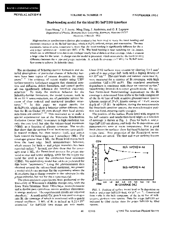 (PDF) Band-bending model for the ideal Bi/InP(110) interface