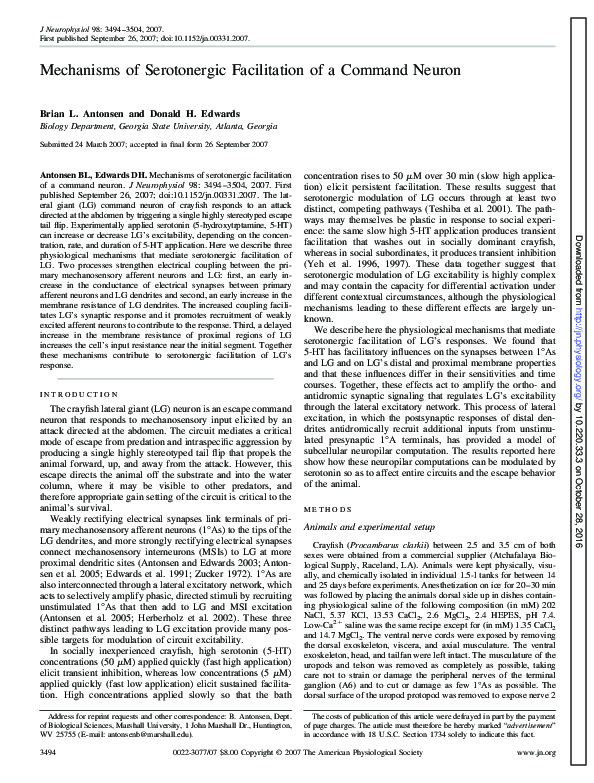 (PDF) Mechanisms of Serotonergic Facilitation of a Command Neuron