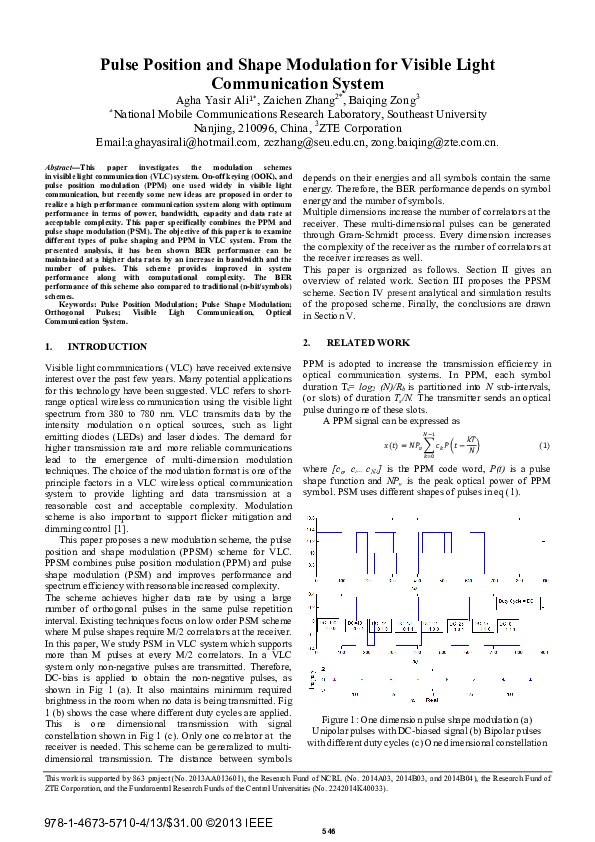 Pdf Pulse Position And Shape Modulation For Visible Light