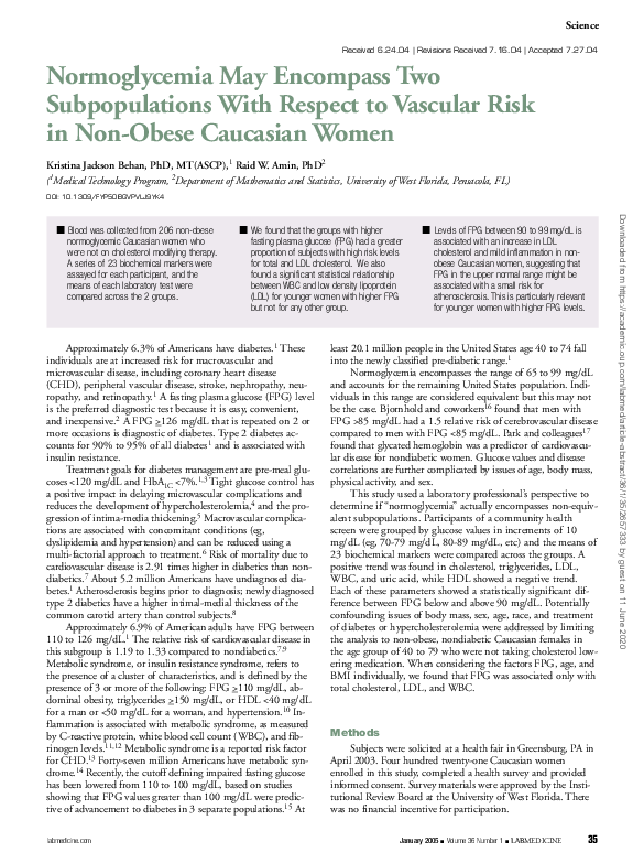 (PDF) Normoglycemia May Encompass Two Subpopulations With Respect to ...