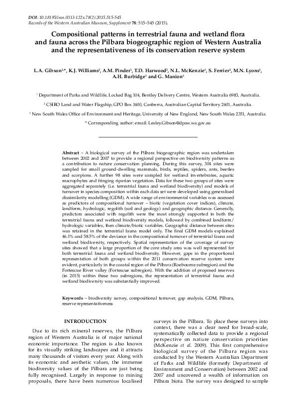(PDF) Compositional patterns in terrestrial fauna and wetland flora and fauna across the Pilbara ...