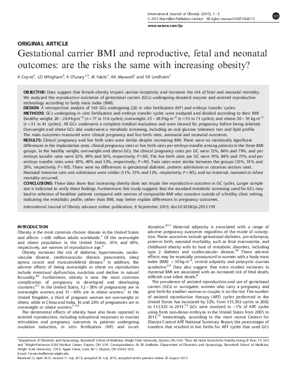 (PDF) Gestational carrier BMI and reproductive, fetal and neonatal ...