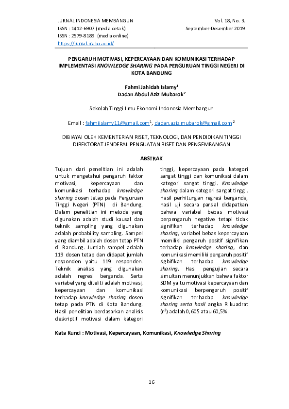 (PDF) Pengaruh Motivasi, Kepercayaan Dan Komunikasi Terhadap Implementasi Knowledge Sharing Pada ...