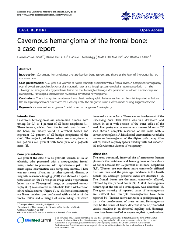 (PDF) Cavernous hemangioma of the frontal bone: a case report | Ajay Aurora - Academia.edu