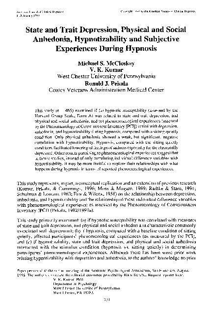 (PDF) State and Trait Depression, Physical and Social Anhedonia ...