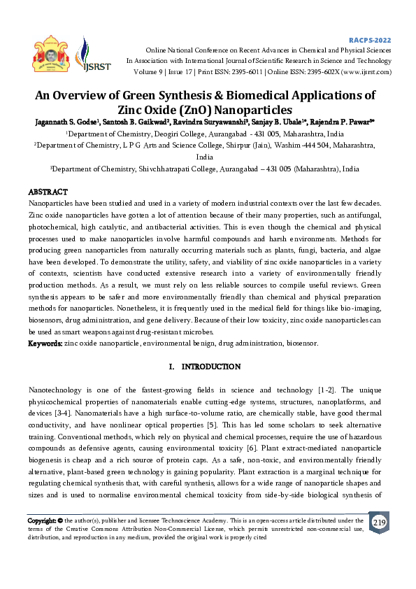 (PDF) An Overview of Green Synthesis & Biomedical Applications of Zinc Oxide (ZnO) Nanoparticles
