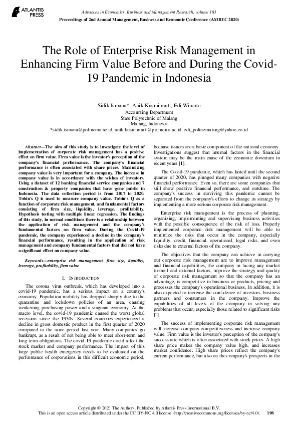 (PDF) The Role of Enterprise Risk Management in Enhancing Firm Value Before and During the Covid ...