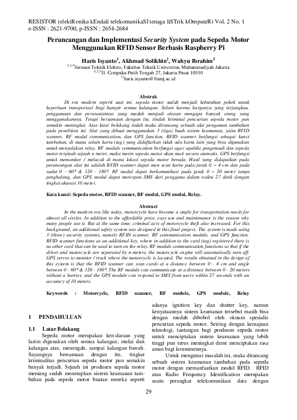 (PDF) Perancangan dan Implementasi Security System pada Sepeda Motor Menggunakan RFID Sensor ...