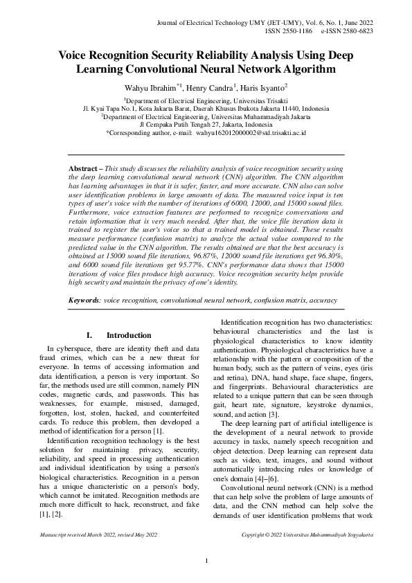 Pdf Voice Recognition Security Reliability Analysis Using Deep Learning Convolutional Neural