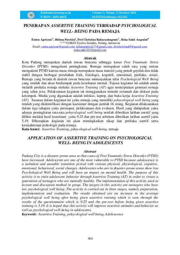 (PDF) Penerapan Assertive Training Terhadap Psychological Well-Being Pada Remaja
