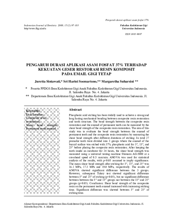 (PDF) Pengaruh Durasi Aplikasi Asam Fosfat 37% terhadap Kekuatan Geser Restorasi Resin Komposit ...