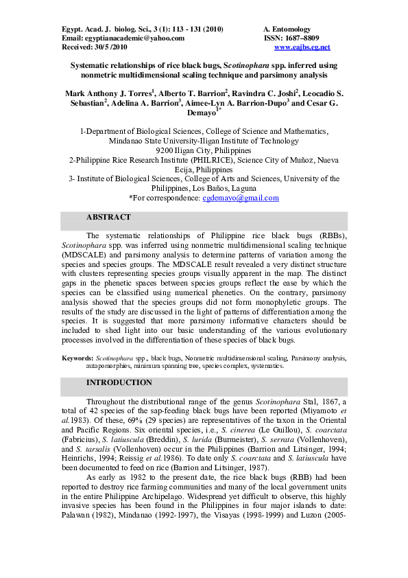(PDF) Systematic relationships of rice black bugs, Scotinophara spp ...
