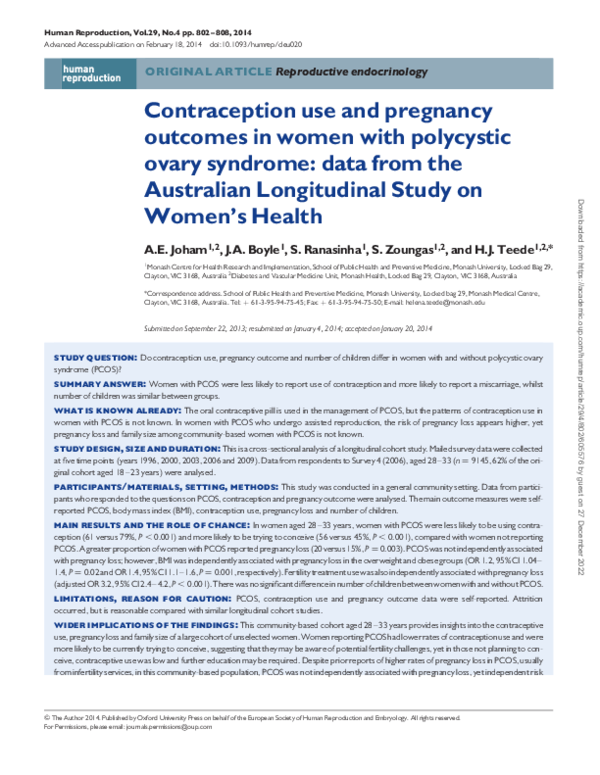 (PDF) Contraception use and pregnancy outcomes in women with polycystic ...
