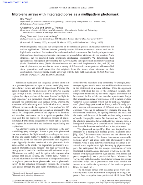 Pdf Microlens Arrays With Integrated Pores As A Multipattern Photomask Edwin Thomas