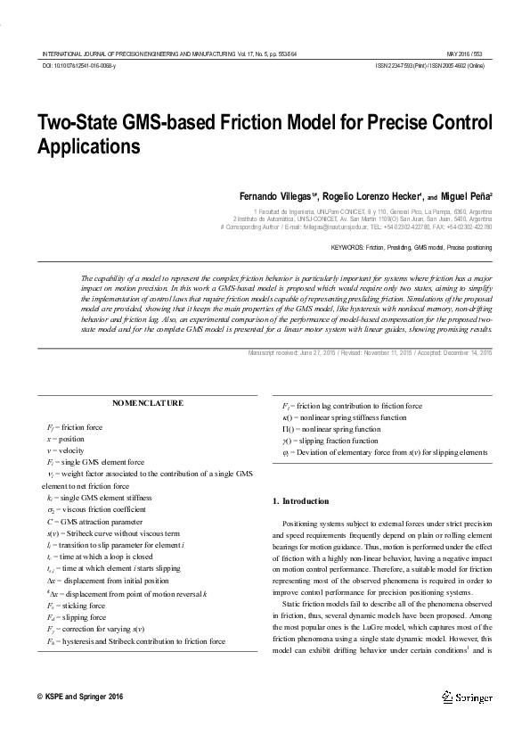 Pdf Two State Gms Based Friction Model For Precise Control Applications Rogelio Hecker