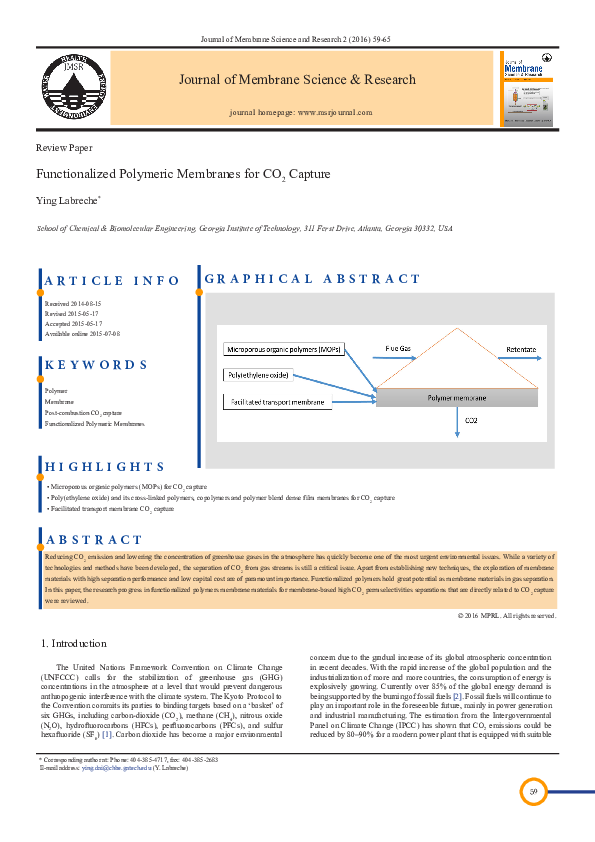 (PDF) Functionalized Polymeric Membranes for CO2 Capture