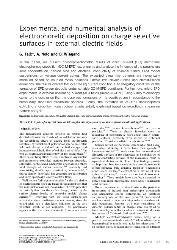 (PDF) Experimental and numerical analysis of electrophoretic deposition on charge selective ...
