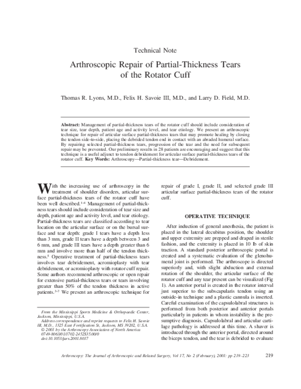 (PDF) Arthroscopic repair of partial-thickness tears of the rotator cuff