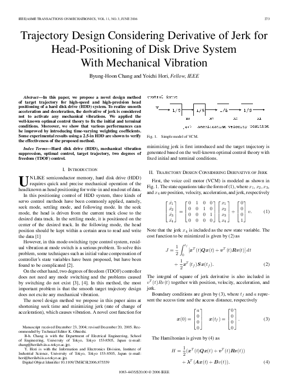 (PDF) Trajectory design considering derivative of jerk for head-positioning of disk drive system ...