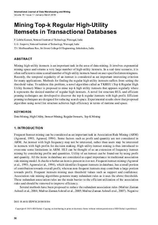 Pdf Mining Top K Regular High Utility Itemsets In Transactional Databases Sriram G 