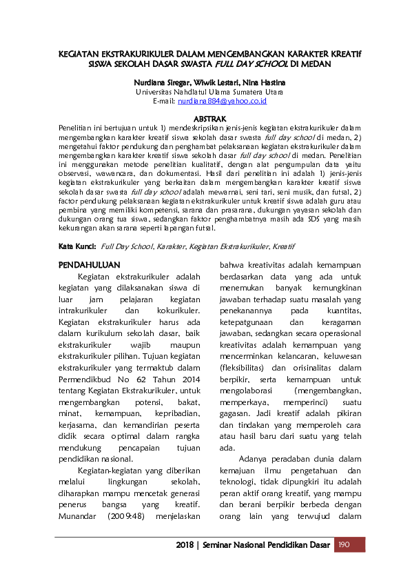 (PDF) Kegiatan Ekstrakurikuler Dalam Mengembangkan Karakter Kreatif Siswa Sekolah Dasar Swasta ...