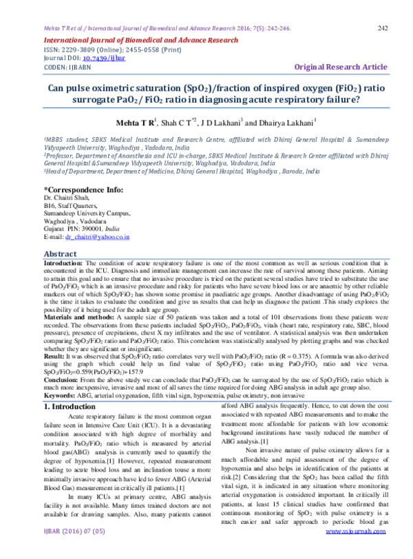 (PDF) Can pulse oximetric saturation (SpO2)/fraction of inspired oxygen ...