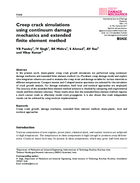 (PDF) Creep crack simulations using continuum damage mechanics and extended finite element method