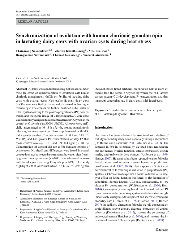 (PDF) Synchronization of ovulation with human chorionic gonadotropin in lactating dairy cows ...