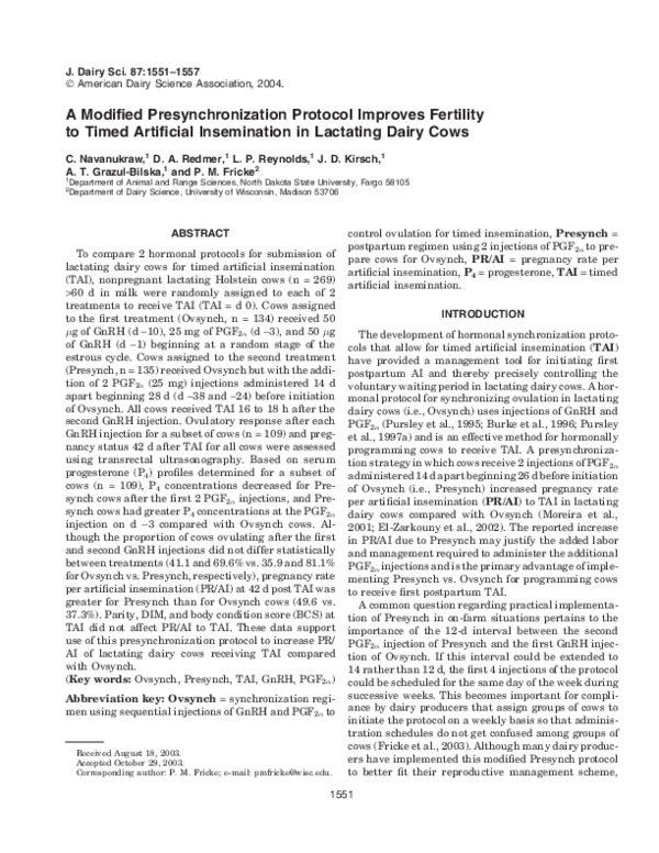 (PDF) A Modified Presynchronization Protocol Improves Fertility to Timed Artificial Insemination ...