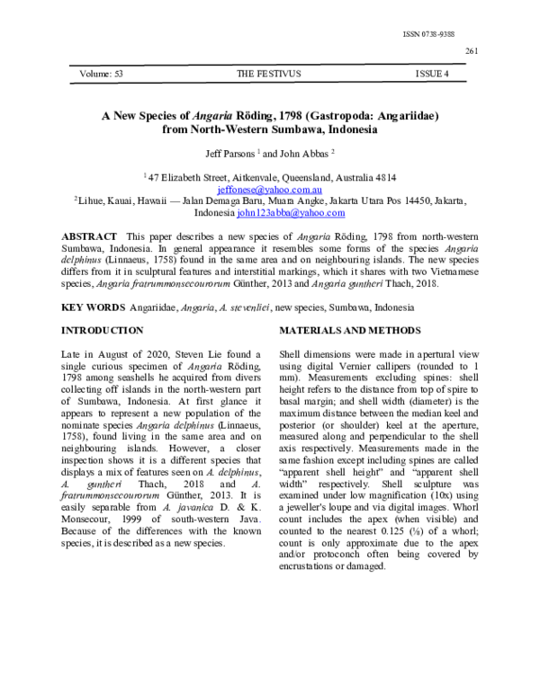 (PDF) A New Species of Angaria Röding, 1798 (Gastropoda: Angariidae ...