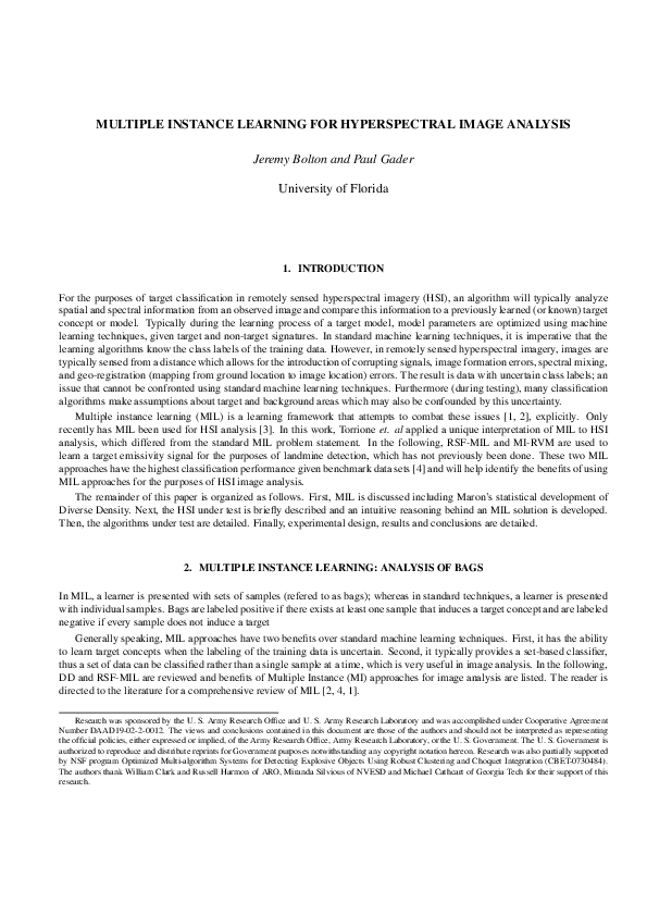 (PDF) Multiple instance learning for hyperspectral image analysis