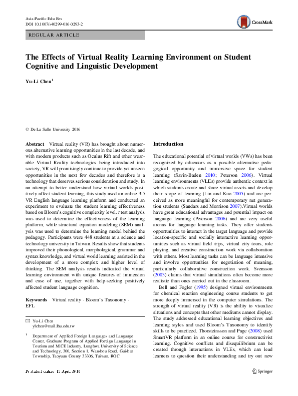 (PDF) The Effects of Virtual Reality Learning Environment on Student Cognitive and Linguistic ...