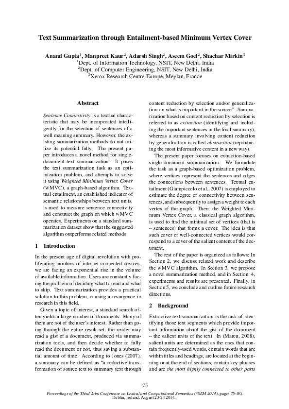 Pdf Text Summarization Through Entailment Based Minimum Vertex Cover Adarsh Pratap Singh