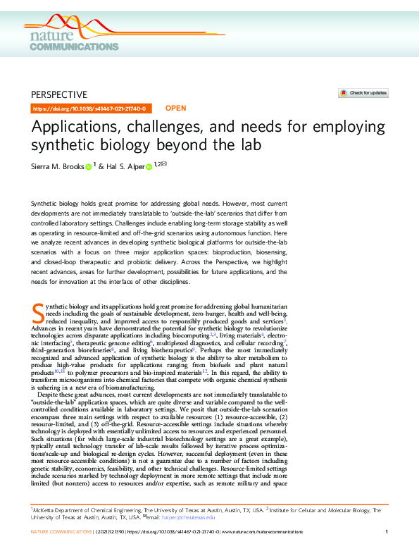 (PDF) Applications, challenges, and needs for employing synthetic biology beyond the lab