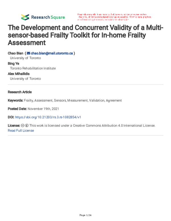 Pdf The Development And Concurrent Validity Of A Multi Sensor Based Frailty Toolkit For In